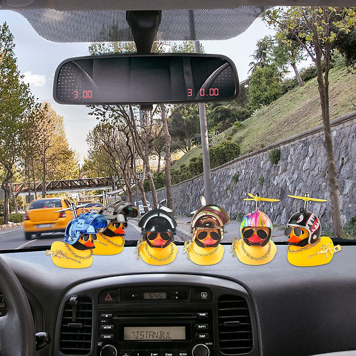 U-Goforst Cute Rubber Duck Toy Car Ornaments Yellow Duck Car Dashboard Decorations Bike Gadgets with Propeller Helmet (Silver grey)