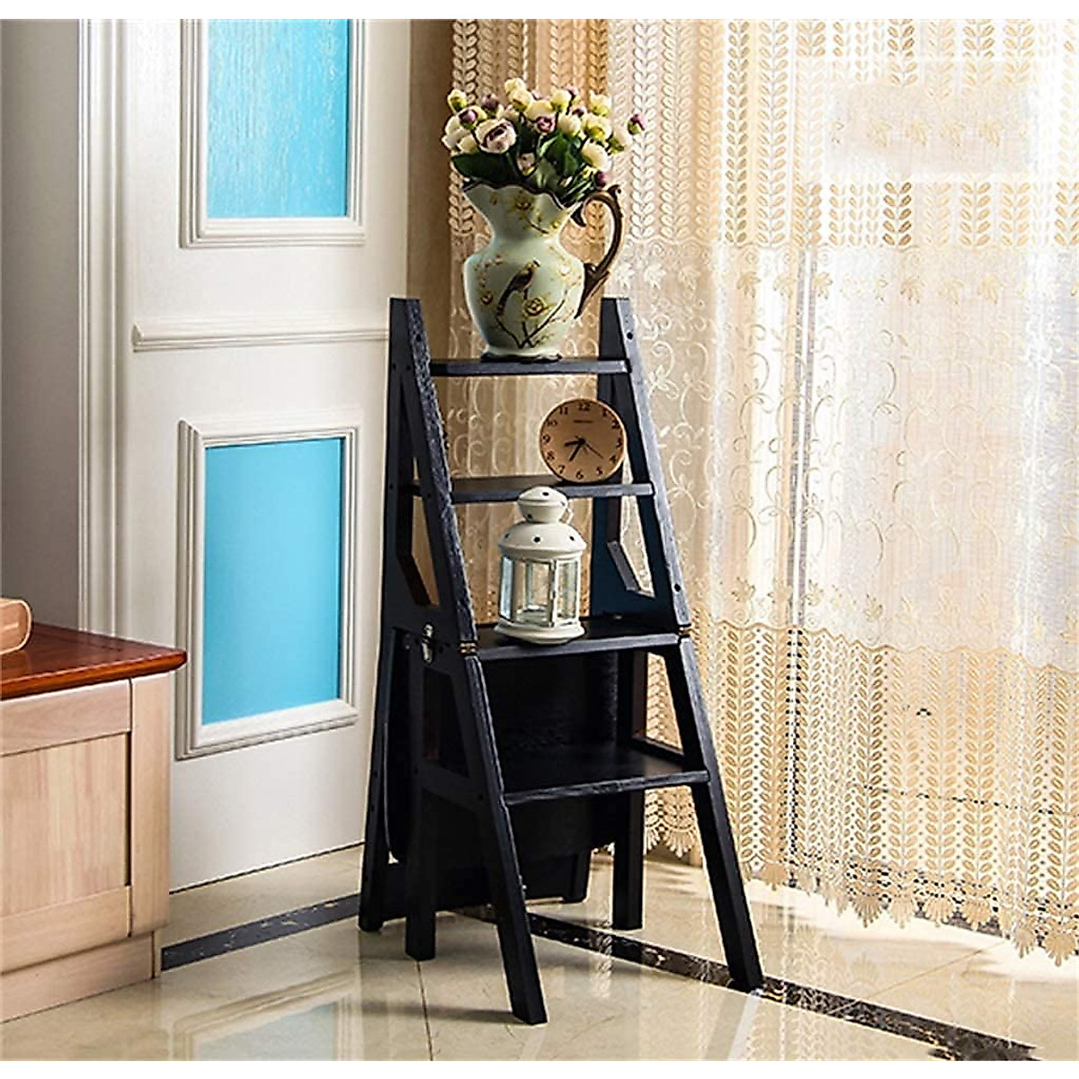 LUCEAE Step Stool Wooden Folding 4 Step Stool Portable Ladder Chair,Multifunctional Step/Stair Chair for Home Library/Closet/Bedroom Balcony