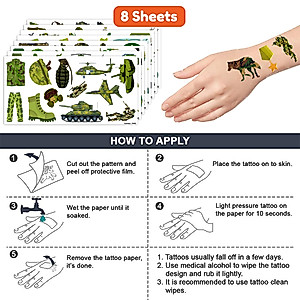 96 PCS Military Camouflage Temporary Tattoos Theme Army Birthday Party Decorations Supplies Favors Decor Camo Soldier Tank Helicopter Tattoo Stickers Gifts For Kids Adults Boys Girls Prizes Carnival