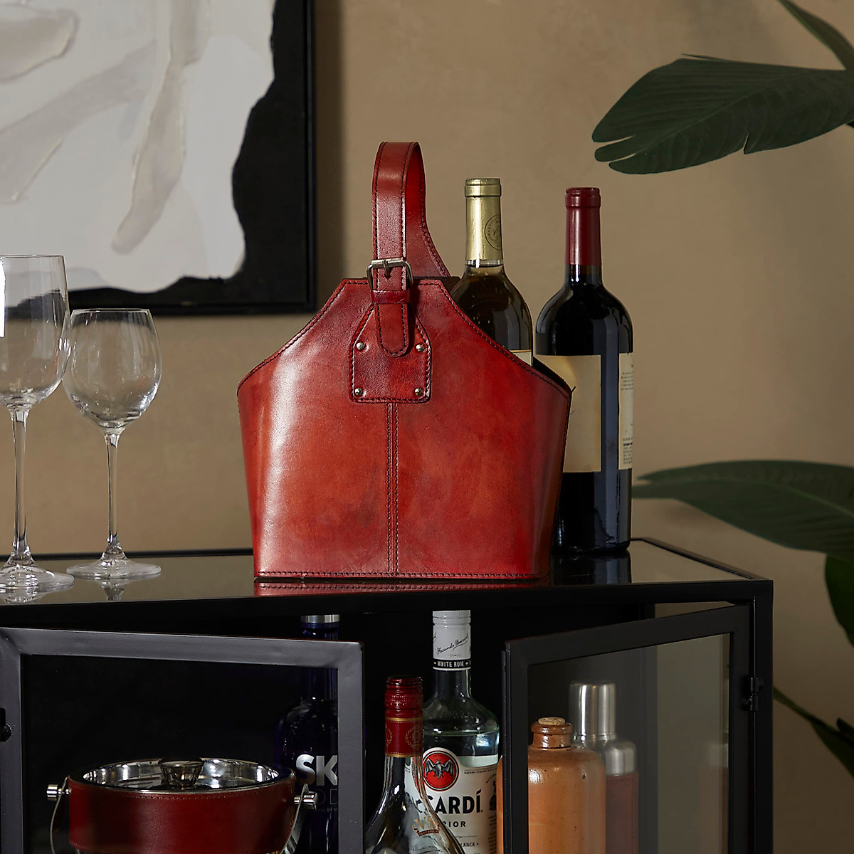 Deco 79 Leather 2 Bottle Wine Holder with Carrying Handle, 12" x 6" x 13", Red