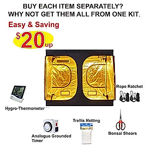 TopoLite Grow Tent Kit 120"x60"x80" Indoor Plants Dark Room+2Pcs Grow Light Hangers+1-pack 5x15ft Plant Trellis Netting+1Pcs Timer+1Pcs 60mm Bonsai Shear+1Pcs Thermometer Hygrometer (120"x60"x80" Kit)