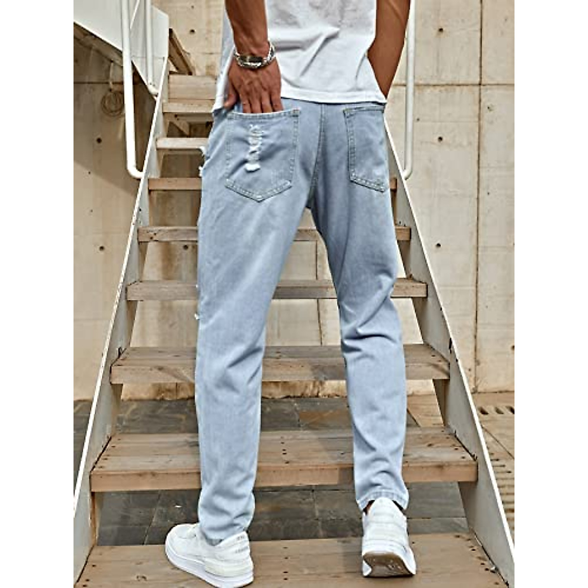 WDIRARA Men's High Waisted Ripped Skinny Jeans Long Denim Pants with Pocket Light Wash S