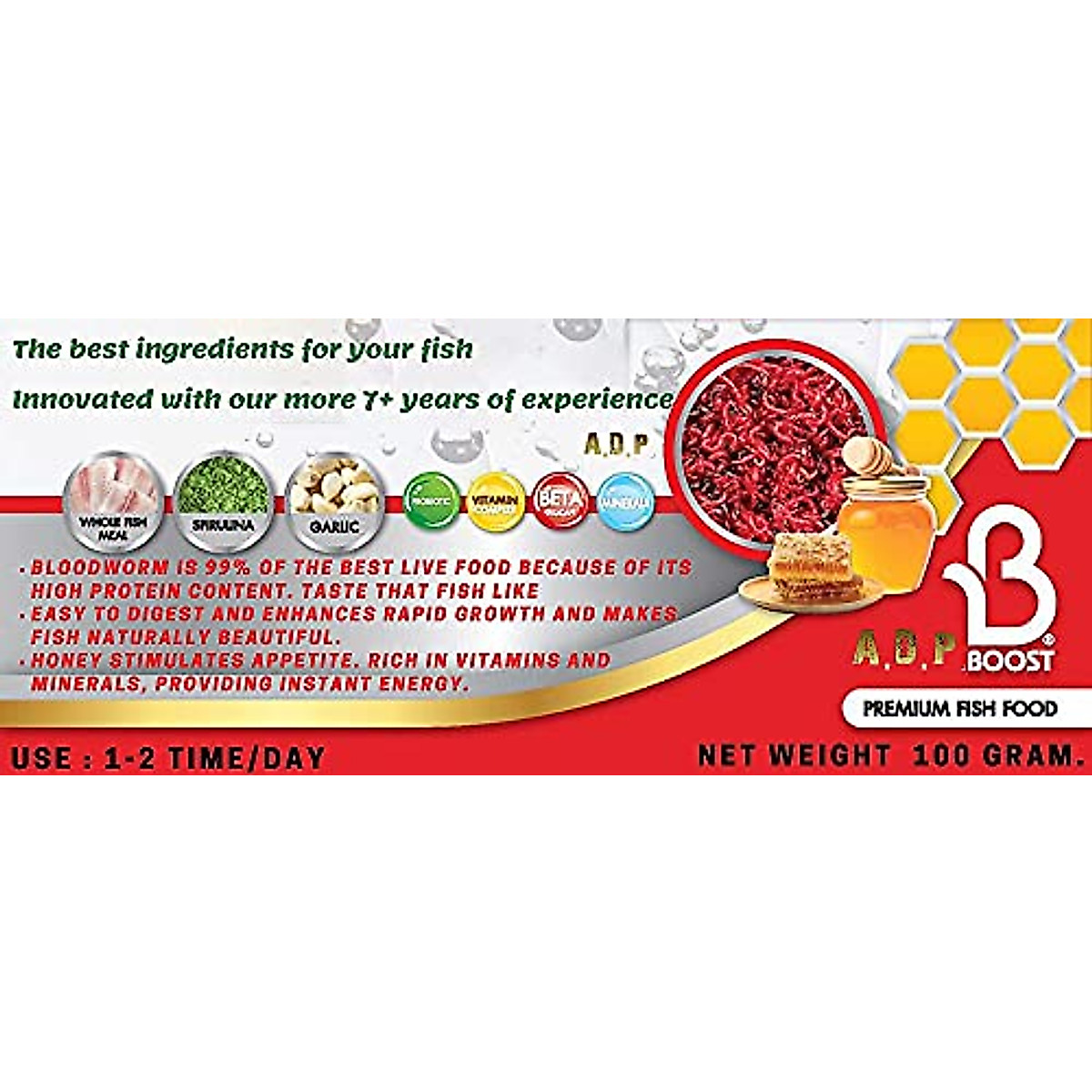 A.D.P. Fish Booster Bloodworm Honey 100 g. Goldfish Food & All Tropical Fish Food Small Floating Pellet Grow Faster & Color Enhancing High Protein 32% Aquarium Baby Fish Newborn Fry Fish Feed Care