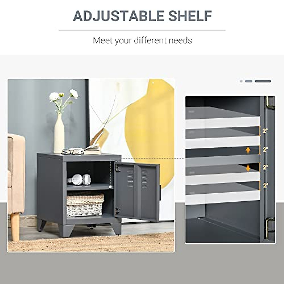 HOMCOM Industrial End Table, Living Room Side Table with Locker-Style Door and Adjustable Shelf, Grey