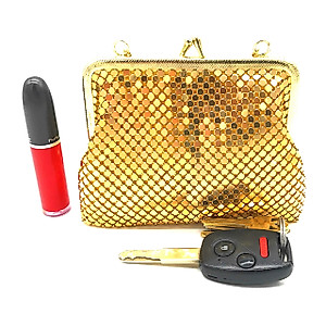 X-Small Women clutch metal mesh purse Hand strap carry for Cocktail Party Prom Wedding Banquet (Gold)