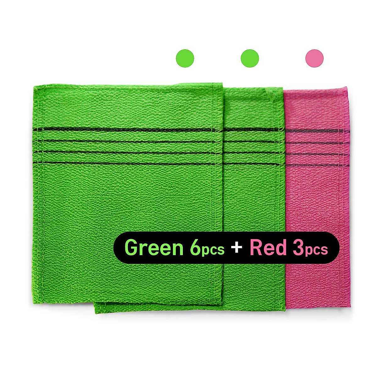 9pcs Genuine Korean/Asian Exfoliating Bath Washcloth, Skin Massage (Green 6pcs, Red 3pcs) Genuine Korean Italy Towel, Removing Dry, Dead Skin Cells, Cleaning Pores, Reusable