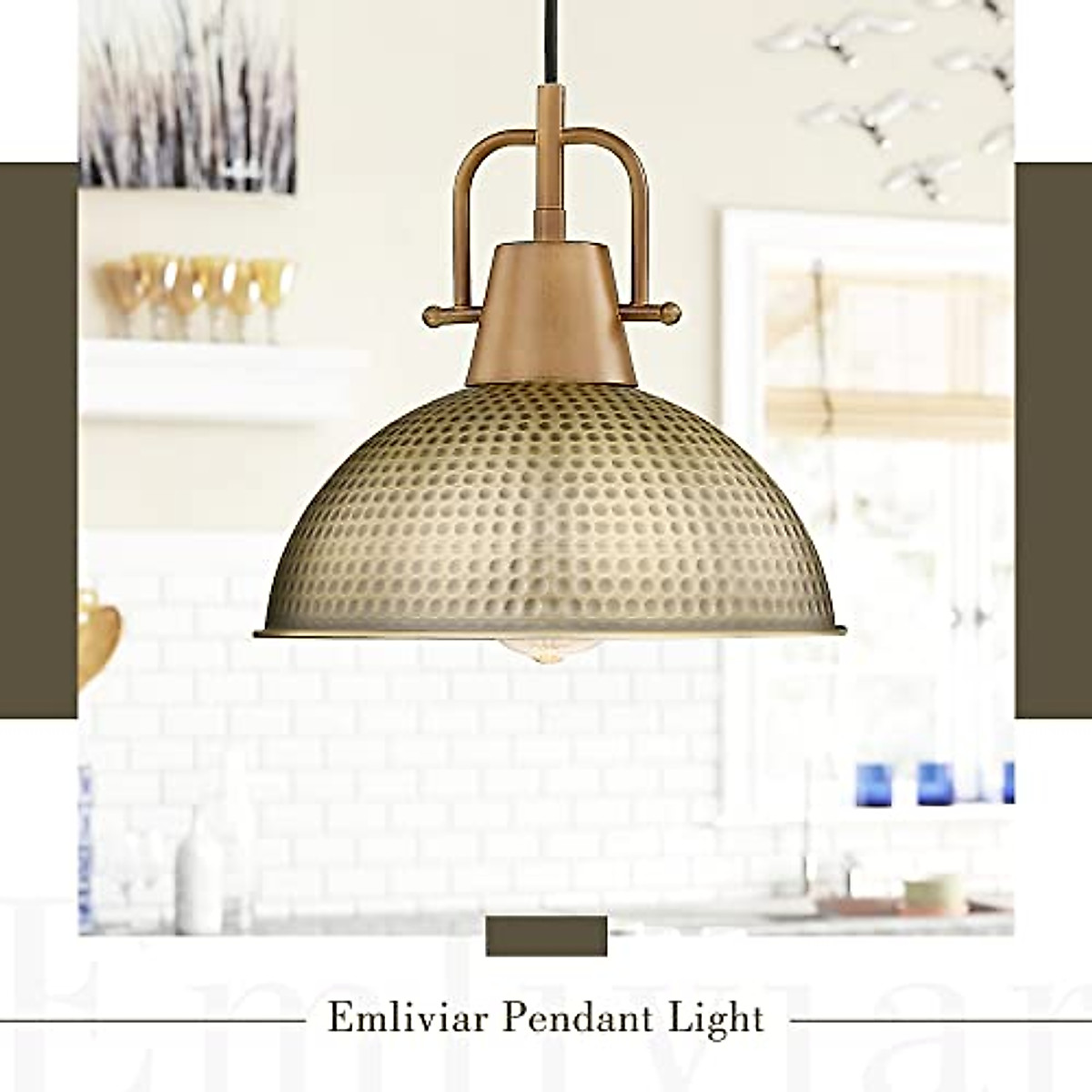Emliviar 1-Light Farmhouse Modern Pendant Light, 10.2 Inch Hanging Lamp for Dining Room, Hammered Metal Dome Shade in Brass Finish, GE269MIL BG+WD