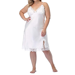Women's Plus Size Full Slips Lace Chemise Lingeries Sexy Front Slit Negligees Silky Nightgown Sleepwear White
