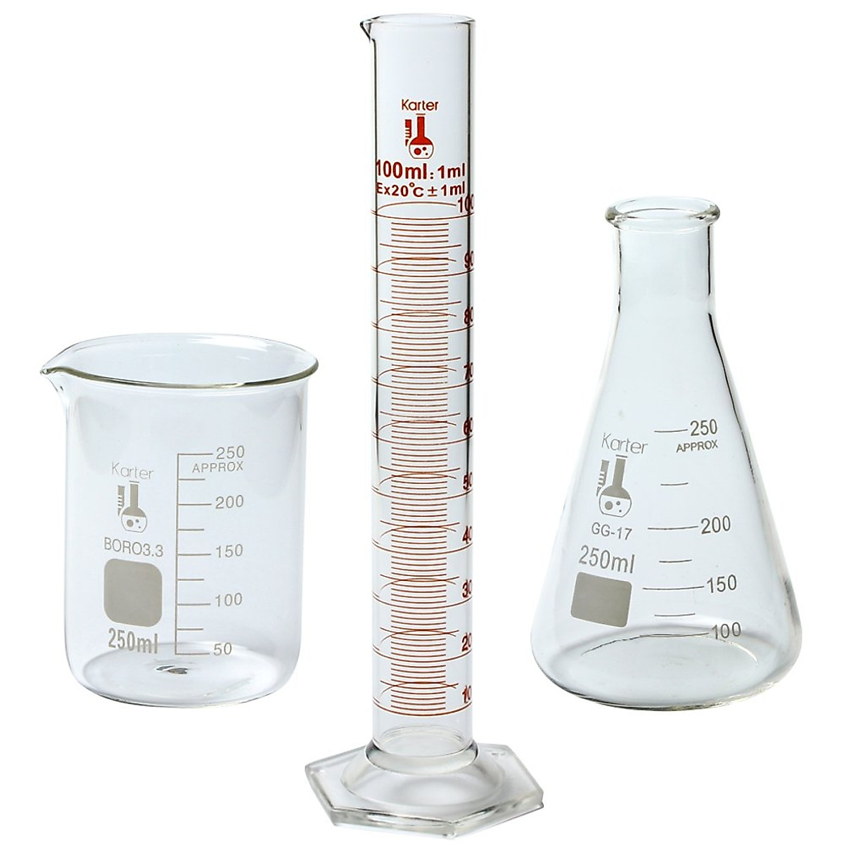 Beaker, Flask, Cylinder Set, 3.3 Boro. Glass - 3 Pieces - 250ml Beaker, 250ml Flask and 100ml Cylinder, Karter Scientific 214Z2
