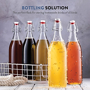 Bormioli Rocco Giara Swing Top Bottles 33 ¾ Ounce-4 Pack Round Clear Glass Grolsch Flip Top Bottle With Stopper, for Beverages, Smoothies, Kefir, Beer, Soda, Juicing, Kombucha, Water, Milk and Vinegar