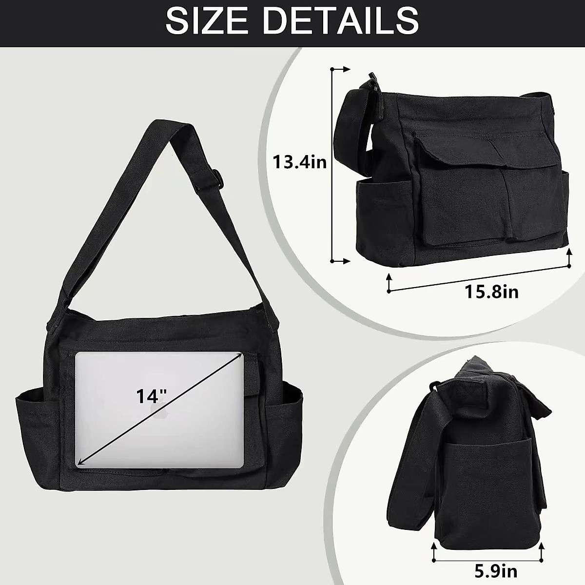 Canvas Messenger Bag Large Hobo Crossbody Bags with Multiple Pockets,School Vintage Shoulder Laptop Bag for Women and Men-Black