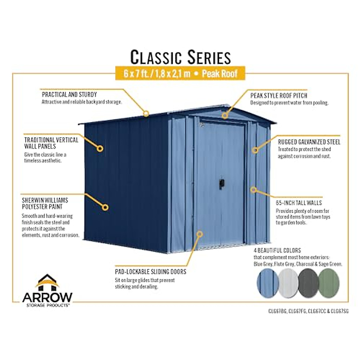 Arrow Sheds 6' x 7' Outdoor Steel Storage Shed, Light Grey