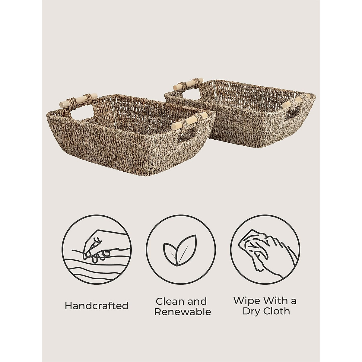 StorageWorks Hand-Woven Large Storage Baskets with Wooden Handles, Seagrass Wicker Baskets for Organizing, 2-Pack