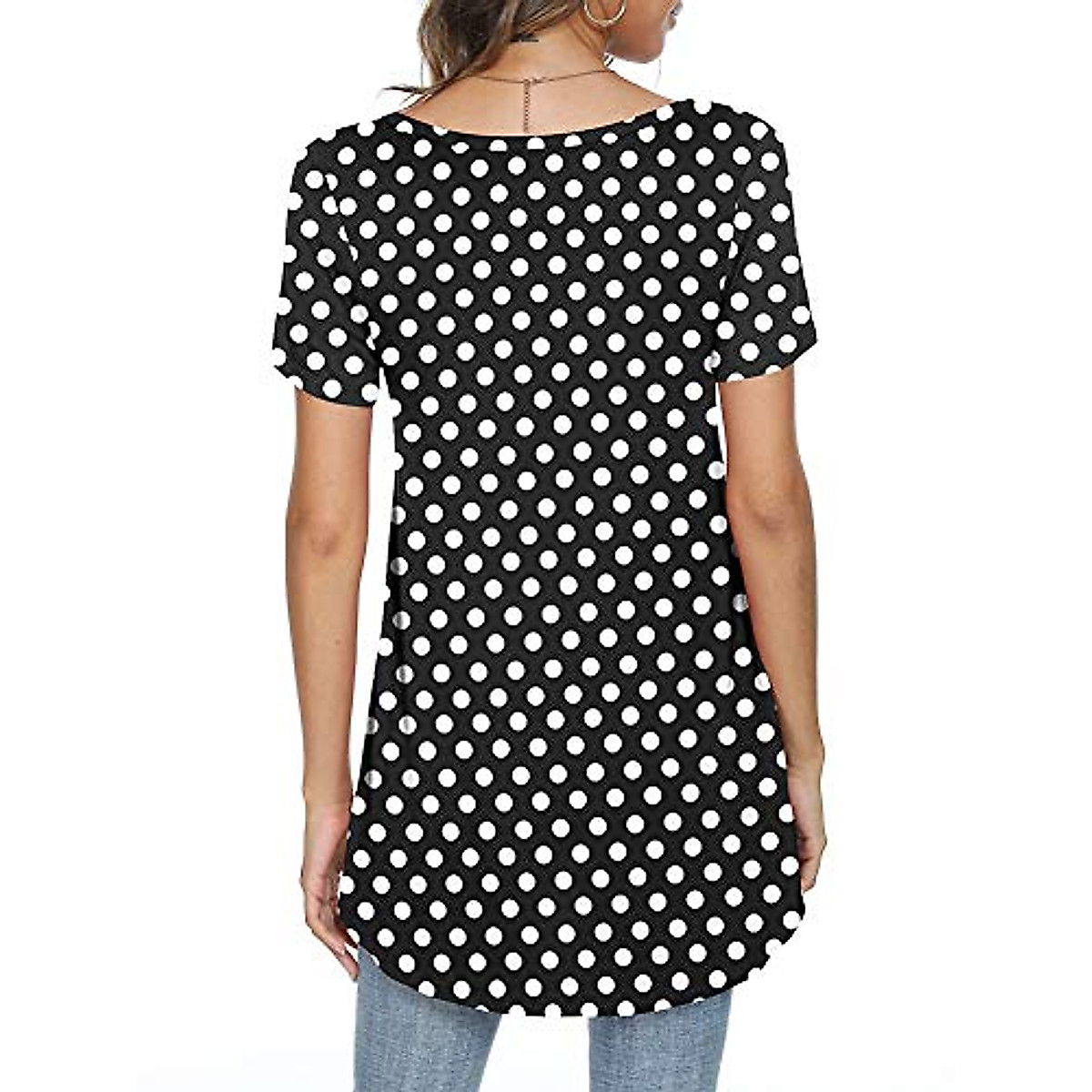 POPYOUNG Women's Long Tunic Tops to Wear with Leggings Summer Short Sleeve Loose Fit Dressy Shirts M-5XL M, Polka Dot Black
