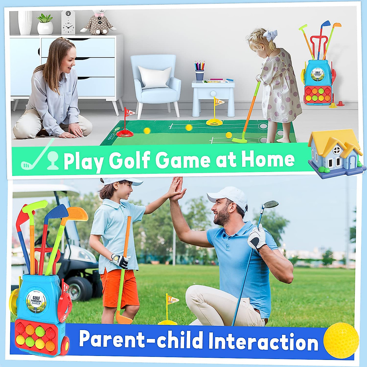 BELLOCHIDDO Toddler Golf Set - Kids Golf Clubs with 8 Balls, 4 Golf Sticks, 2 Practice Holes ＆ a Putting Mat, Indoor & Outdoor Ball Game Play Set Sport Toys Gift for 3 4 5 6+ Year Old