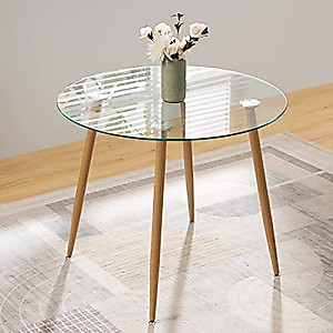 STYLIFING Round Glass Dining Table - Tempered Glass Kitchen Table Dining Room Table - Modern Small Round Dining Table for 4 with Wood Printed Transfer Metal Leg Coffee Dinner Table for Living Room