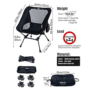 iClimb Ultralight Compact Camping Folding Beach Chair with Anti-Sinking Large Feet and Back Support Webbing (Black - Square Frame)