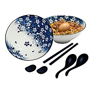 Ceramic Ramen Bowl Set - 8 Piece- Large White 40 oz Japanese Ramen Bowls, Spoons, Chopsticks and Chopstick Stands For Udon Noodles, Miso Soup, Cereal, Pasta, Pho and Salad Serving Set of 2 Blue