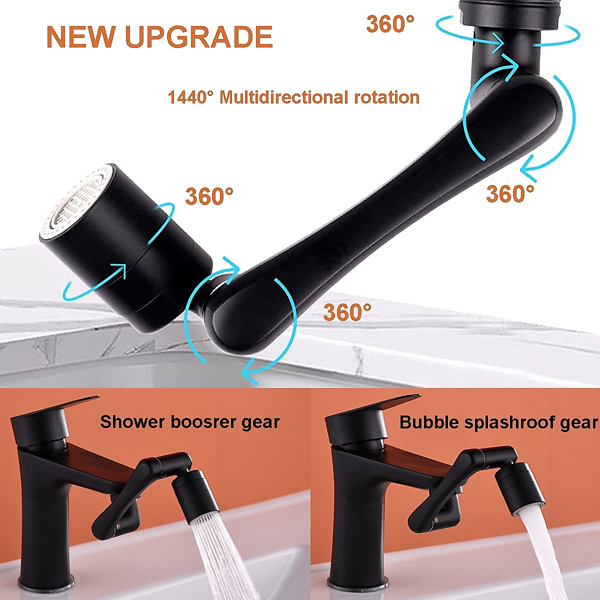 1440° Rotating Faucet Extender, 1080°+360° Large-Angle Splash Filter Faucet Extension, with 2 Water Outlet Modes, Universal Brass Swivel Robotic Arm Faucet Aerator for Kitchen and Bathroom Sink, Black