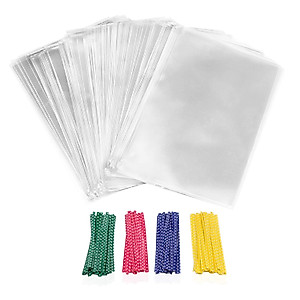 Beasea 4 x 6 Inches Treat Bags Cello Bags, Cellophane Bags 300pcs Cake Pop Treat Cello Bags for lollipop with 4 Mix Colors Twist Ties for Bakery Popcorn Cookies Candies Dessert