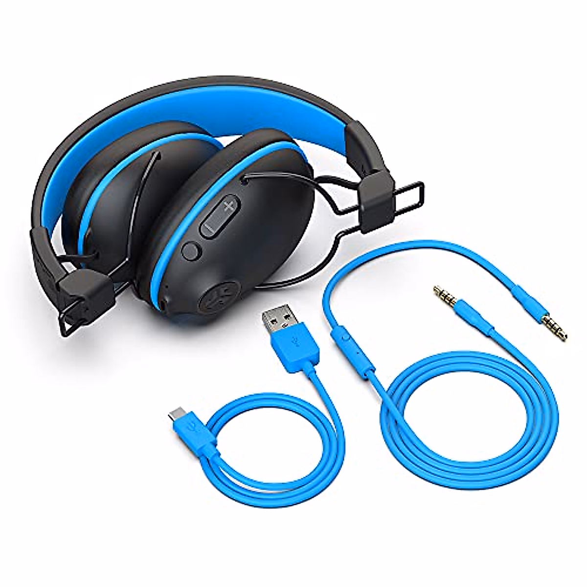 JLab JBuddies Pro Wireless Over-Ear Kids Headphones | 35+ Hour Battery Life | Built-in Volume Regulators for Safety | Share Mode | Folding | Adjustable | Noise Isolation | with Mic | Blue
