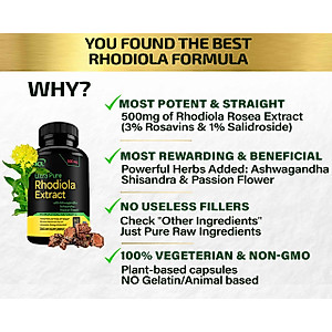 Rhodiola Rosea Supplement High Potency Extract 500mg - 3% Rosavins 1% Salidrosides with Ashwagandha Shisandra Passion Flower Herb Powder Capsules - Natural Way to Relieve Stress - Pills for Energy