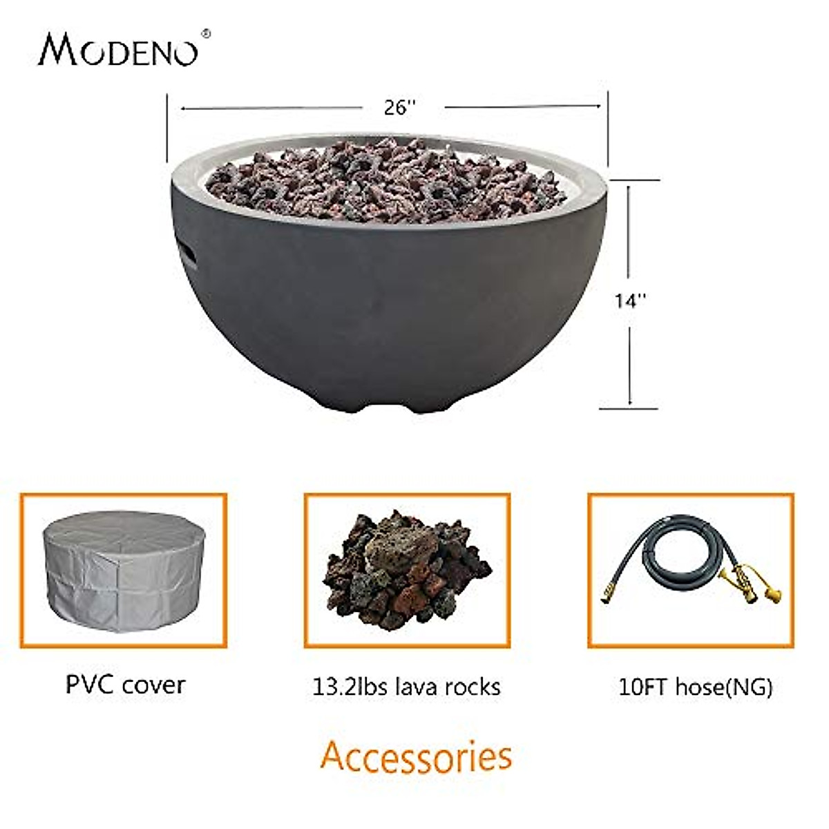 MODENO Outdoor Fire Pit Natural Gas Garden Fire Bowl, 40,000 BTU CSA Certified Firepit，Auto-Ignition System, Lava Rock&PVC Cover Included (26 x 26 x 14'', Grey)
