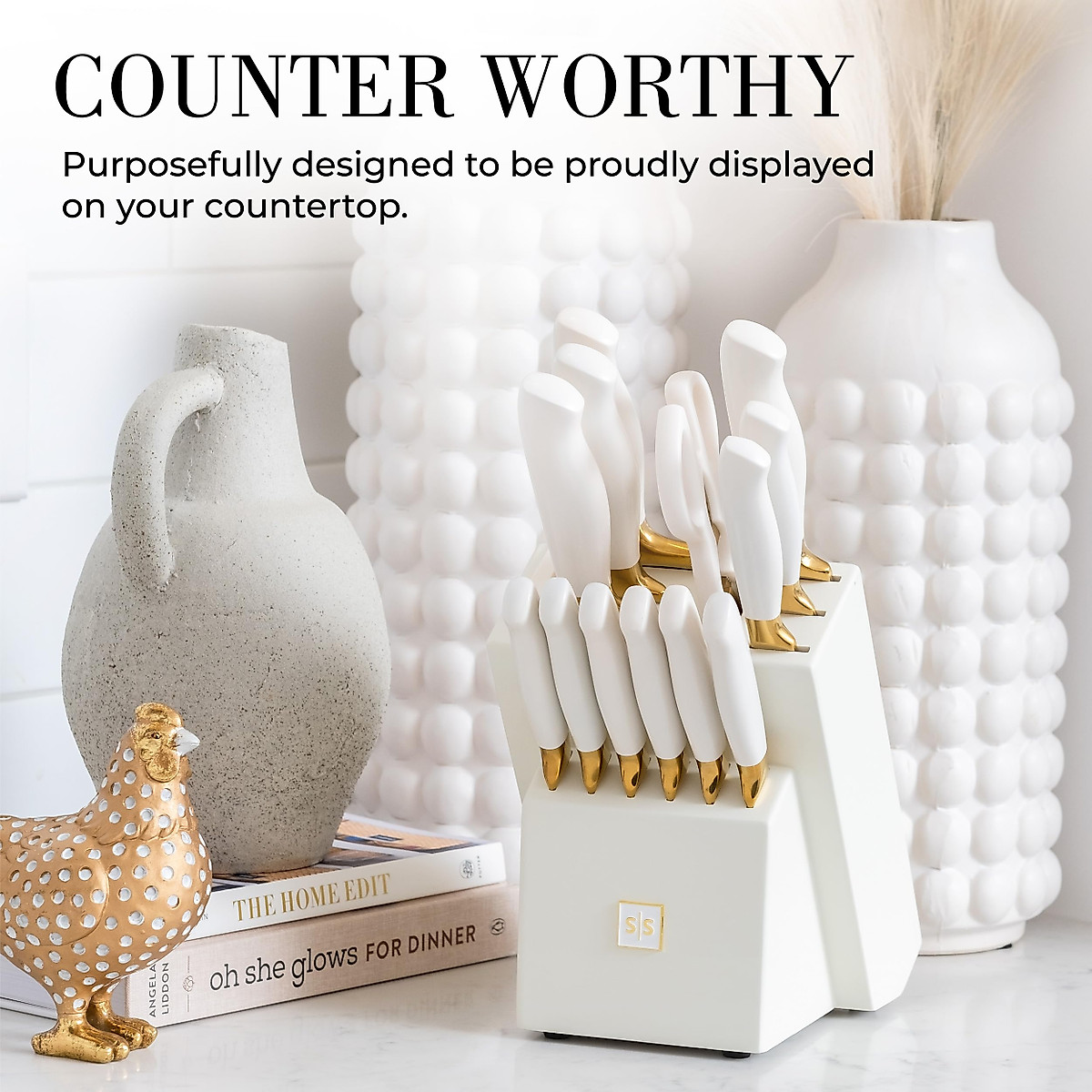 Gold Knife Set with Block Self Sharpening - 14 PC Luxurious Titanium Coated Gold and Off-White Kitchen Knife Set and White Knife Block with Sharpener, White and Gold Kitchen Accessories and Decor