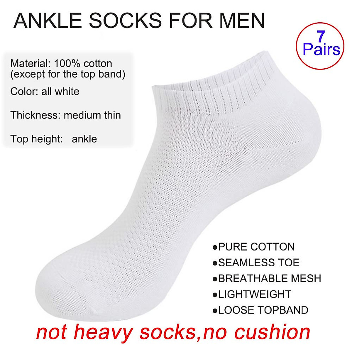 Ait fish 100% Cotton Socks for Men and Women - Thin Low Cut Ankle Socks (White)