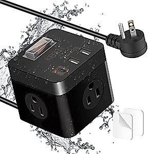 Power Strip Cube with USB C Compact for Travel, Weatherproof 5ft Extension Cord Power Bar with High-Speed Fast Charging Type C, Outdoor Surge Protector Waterproof Outlets for Cruise Ship Hotels Black