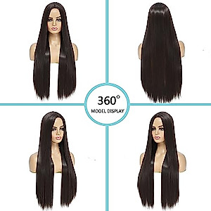 Long Straight Highlights wig Middle Part Natural hairline Synthetic Wigs for Women 24 Inch Heat Resistant Fibre for Daily Party Use(Dark Brown Mixed Brown)