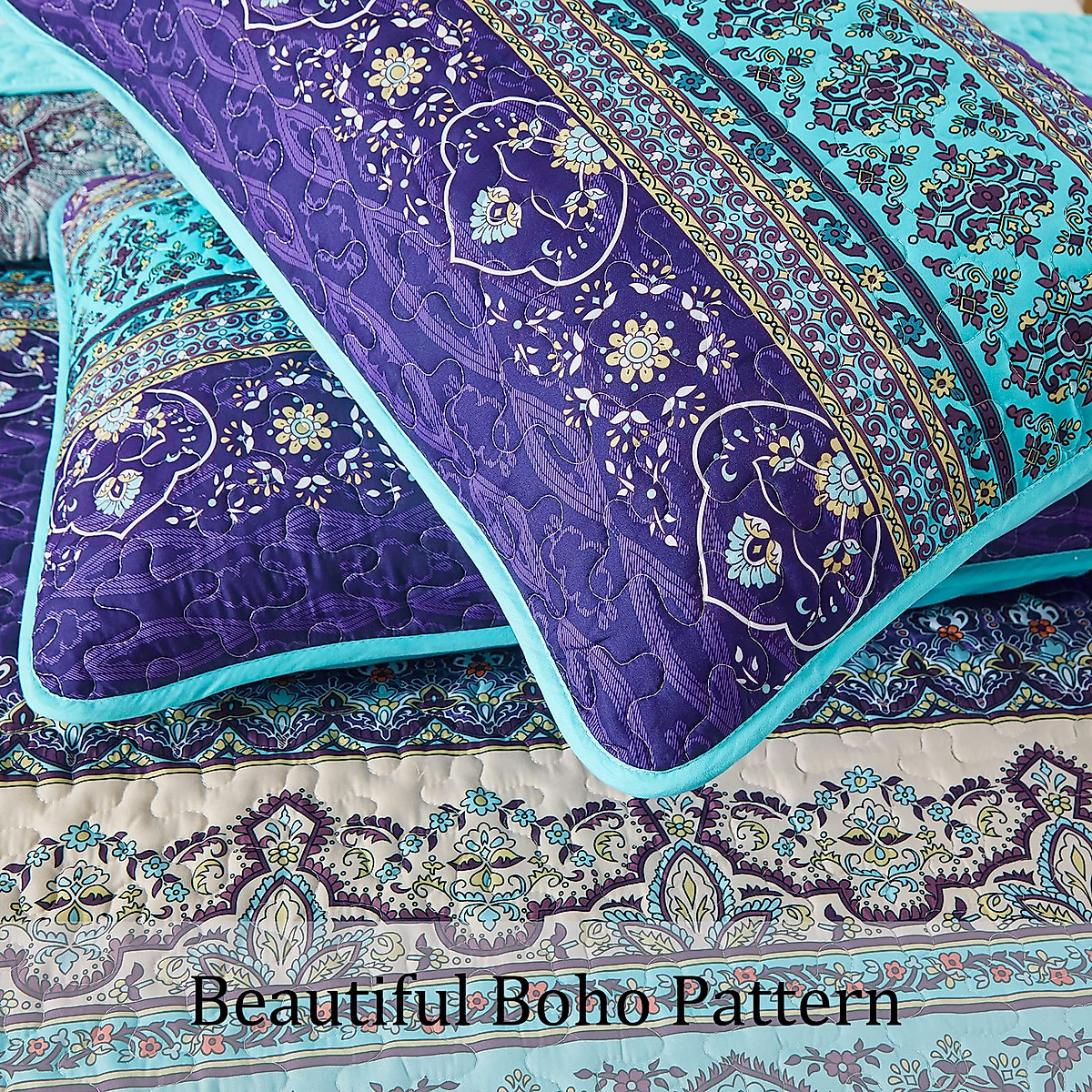 WONGS BEDDING Boho Quilt King Size, Blue Purple Bohemian King Quilt, Lightweight Microfiber Bed Decor Bedspread for All Season 103"x90"(3 Pieces)
