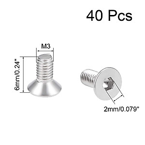 uxcell M3x6mm Flat Head Machine Screws Inner Hex Screw 304 Stainless Steel Fasteners Bolts 40Pcs