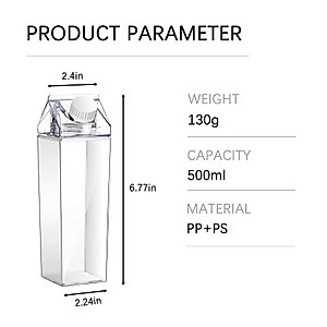 Vyooxcy 2 Pack Milk Carton Water Bottle, 17oz Clear Square Portable Bottle, Cute for Homemade Cold Drinks or Sports Travel Camping Activities in Summer