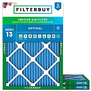 Filterbuy 20x25x1 Air Filter MERV 13 Optimal Defense (3-Pack), Pleated HVAC AC Furnace Air Filters Replacement (Actual Size: 19.50 x 24.50 x 0.75 Inches)
