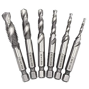 Mesee 6 Pieces Drill Tap Combination Bit Set, 1/4'' Hex Shank HSS Deburr Countersink Bits Spiral Screw Tap Tool Kit - Imperial 1/8 5/32 3/16 1/4 5/16 3/8