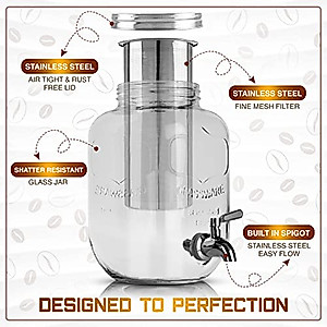 Cold Brew Coffee Maker, 1 Gallon Iced Coffee Maker, Cold Brew Mason Jar with Stainless Steel Filter, Large Iced Tea Maker With Thick Shatter Resistant Glass, Your Own Cold Brew Kit