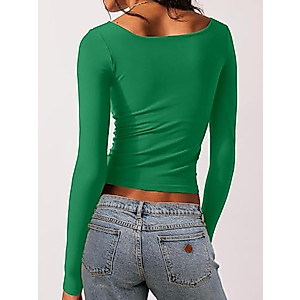 Dwnval Women's Sexy Long Sleeve Crop Top Square Neck Double Lined Basic Slim Fit T Shirt(Green, S)