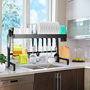 LAXIA Over The Sink Dish Drying Rack , 2-Tier Stainless Steel with detergent holder-chopstick rest-chopping board holder-8 utility hooks-for Kitchen Counter Space Saving(34inch) (2 tiers)