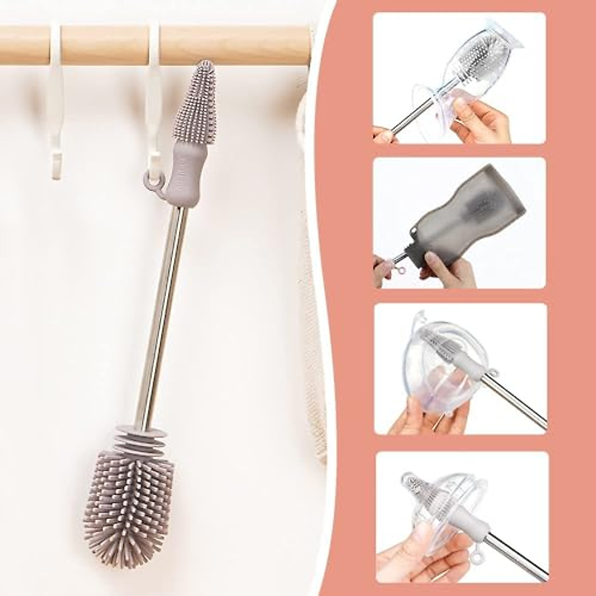 Haakaa Baby Bottle Brush Kit -Silicone Cleaning Brush for Breast Pump,Nipple,Breast Milk Storage Bag,Reusable Straw,Sippy Cup - Food Grade Silicone Bristles, Portable -3 Pcs - Light Gray