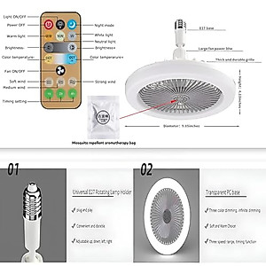 Socket Fan Light, Socket Fan Ceiling Fan with Light and Remote, LED Light Bulb Fan, Screw in Ceiling Fan in Light Socket, Quiet Ceiling Fan for Kitchen Bathroom Store Room Garage (White) (White)
