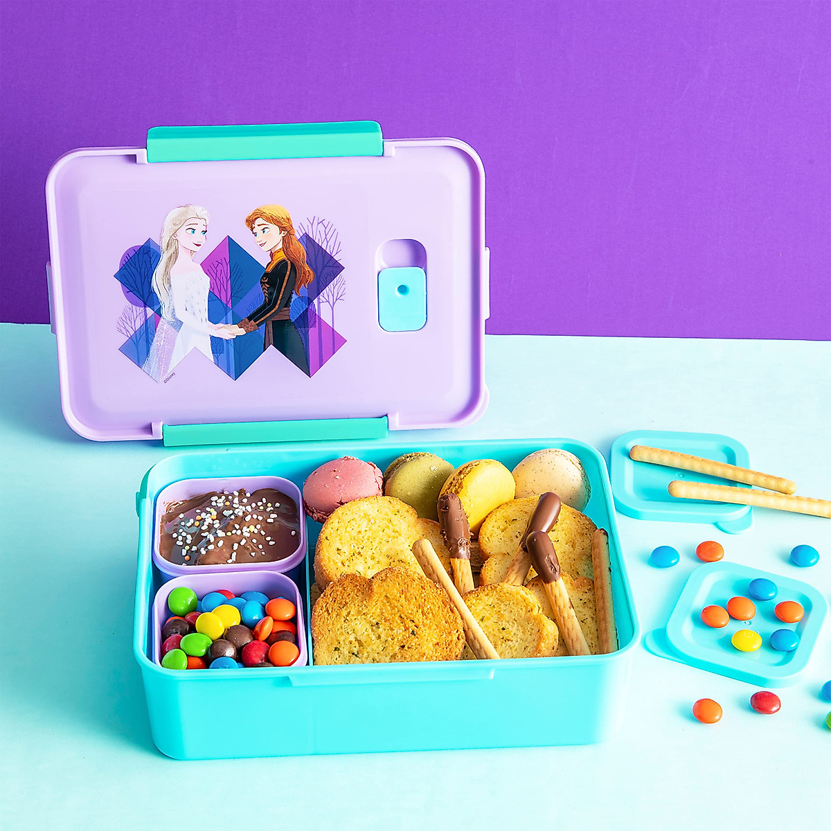 Zak Designs Disney Frozen 2 Reusable Plastic Bento Box with Leak-Proof Seal, Carrying Handle, Microwave Steam Vent, and Individual Containers for Kids' Packed Lunch (3 PCs Set, Anna & Elsa)