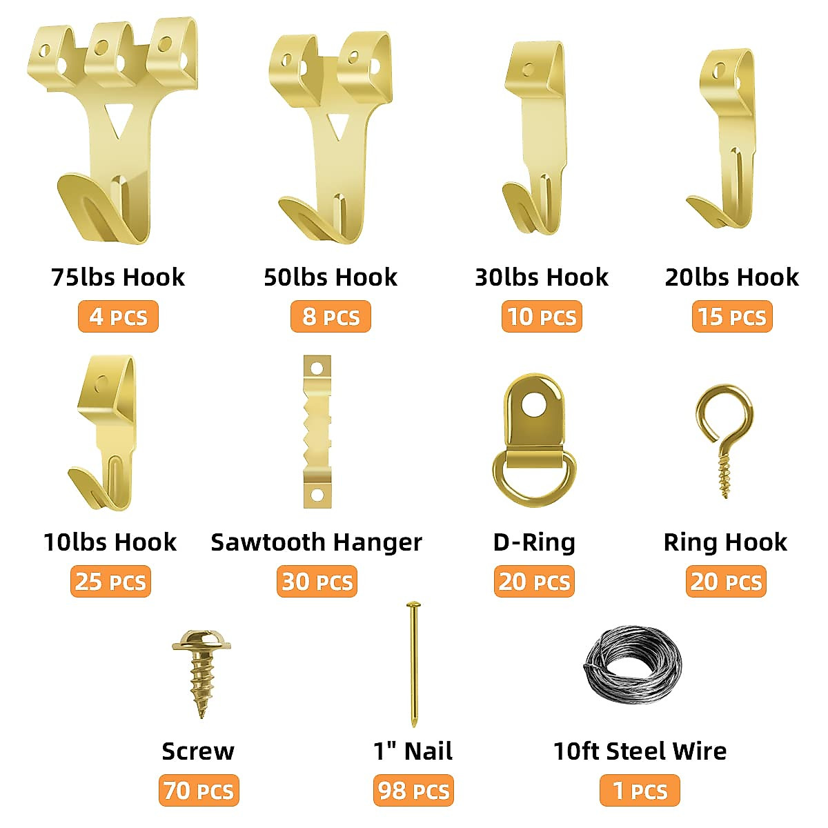 302Pcs Picture Hanging Kit, Heavy Duty Photo Frame Hangers with 10-75lb Hooks, Sawtooth Hardware, Screw Eyes, D Rings, Nails, Screws, Steel Wire for Picture, Painting ,Mirror, Wall Art Mounting