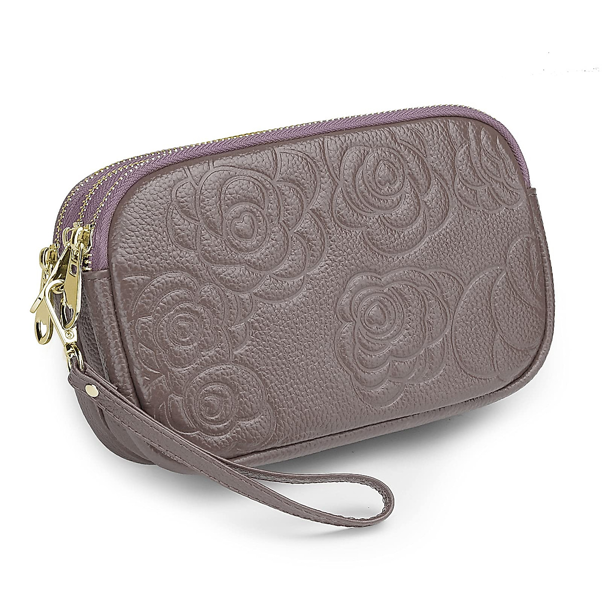 YALUXE Flower Clutch Wristlet Coin Purse Triple Zipper Pocket Womens Genuine Leather Zipper Wallet Pouch