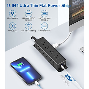 30W USB C Power Strip Surge Protector,Ultra Thin Flat Plug Power Strip 4 Side 12 Outlets,1 PD Fast Charing,2 USB-C, 2 USB-A(4 USB Total 40W),6ft Slim Extension Cord,16 in 1 Desk Power Bar,1200J Black