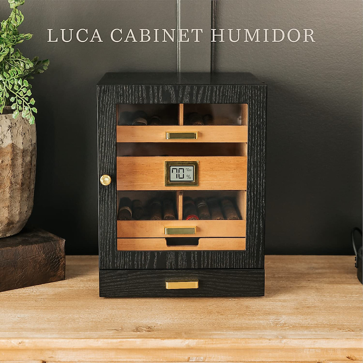 CASE ELEGANCE Luca Humidor Cabinet Stores 80-100, Cigar Humidor Box with Spanish Cedar, Glass Display, Easy Humidification System, Digital Hygrometer - Black