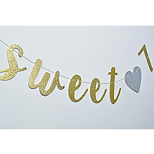 Sweet 7 Banner Gold Glitter with Heart for 7th Birthday Party Decorations Supplies Pre-Strung Cursive Bunting Photo Booth Props Sign