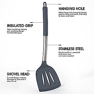 Dishwasher Safe Silicone Cooking Utensils - Heat Resistant Kitchen Utensil Set with Stainless Steel Handle, Spatula,Turner, Slotted Spoon,Tong, Kitchen Gadgets for Non-Stick Cookware, BPA FREE (Grey)