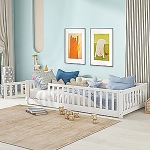 Tatub Twin Size Floor Bed with Safety Guardrails, Door and Slats, Montessori Floor Bed Frame, Wood Montessori Floor Bed for Kids, Girls and Boys, Twin-White