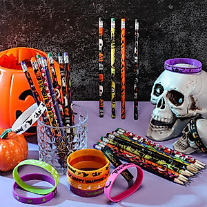 48 Pcs Halloween Pencils Halloween Rubber Bracelets Set Halloween Party Favors for Kids Ghost Pumpkin Skeleton Bat Spider Pencils Silicone Wristbands Trick or Treat Gifts Classroom Gifts for Students